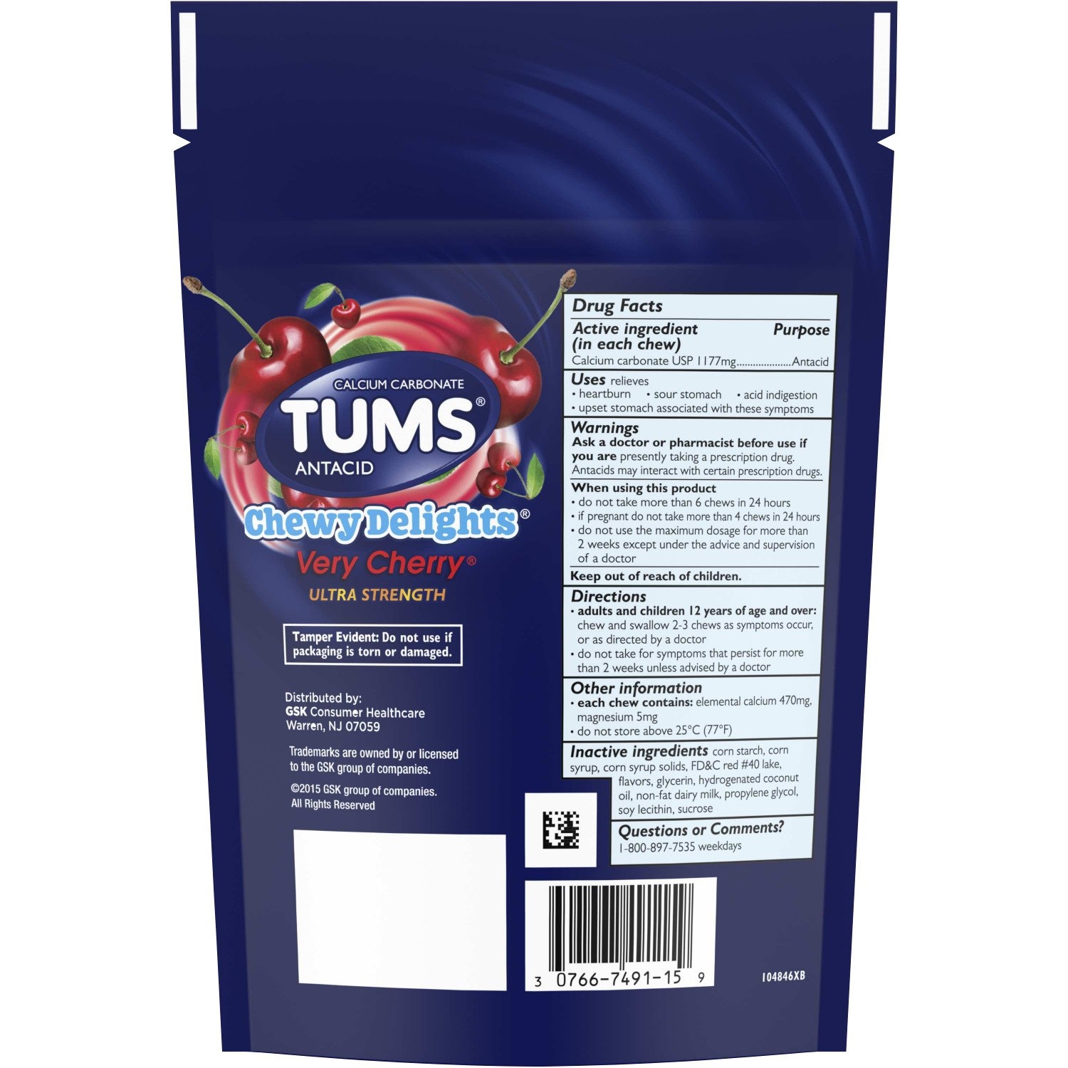 TUMS 耐嚼爽口抗酸缓解钙软咀嚼 樱桃味超强度32片 12岁以上适用